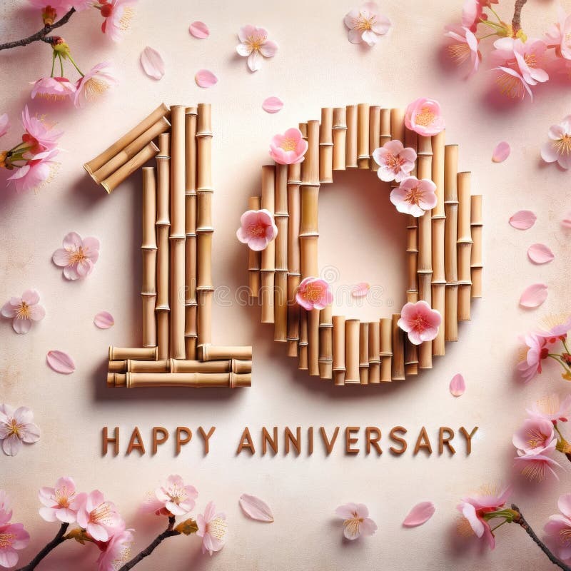Serene 10th Anniversary Bamboo and Blossoms Decor Stock Illustration ...