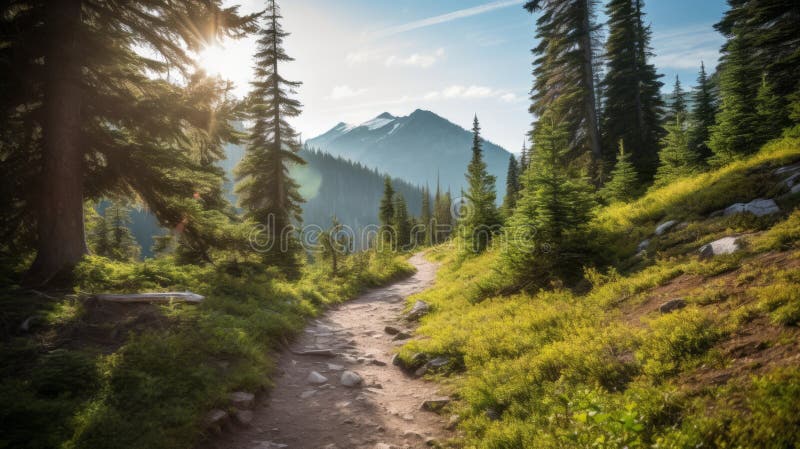A Serene Trail through the Woods with a Majestic Mountain in the ...