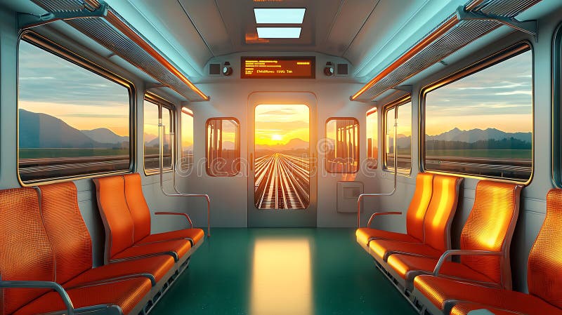 Serene Train Interior with Orange Seats, Showcasing Beautiful Sunset ...