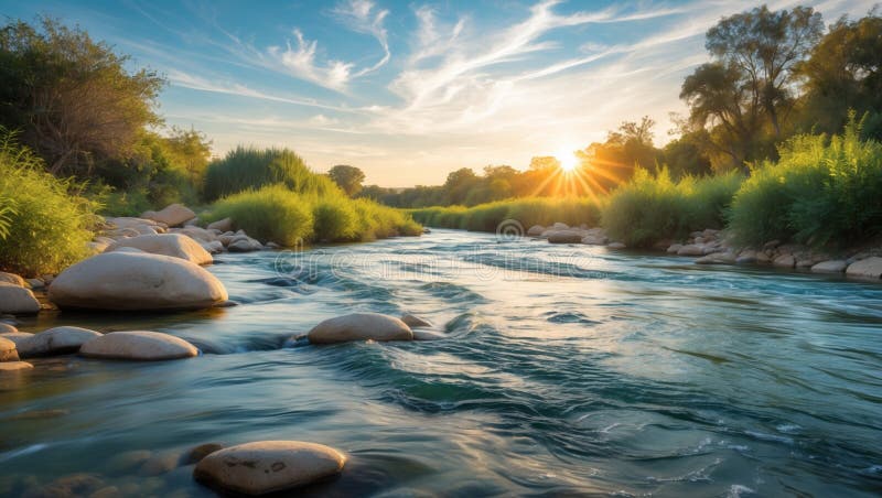 A Serene and Tranquil Scene of a Gentle River Flow, with Crystal-clear ...