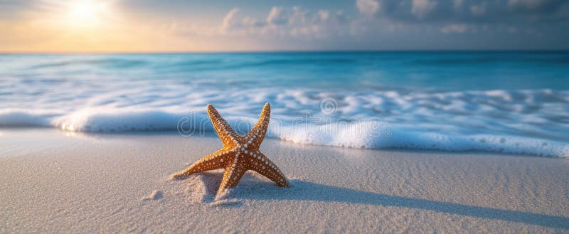 Serene Travel Banner with Immaculate Beach and Starfish on White Sand ...