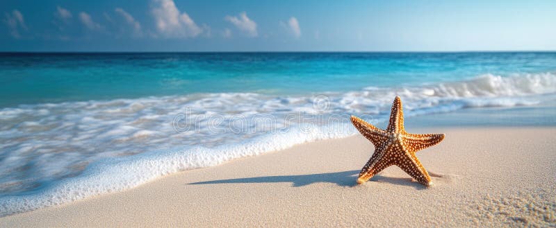 Serene Travel Banner with Immaculate Beach and Starfish on White Sand ...