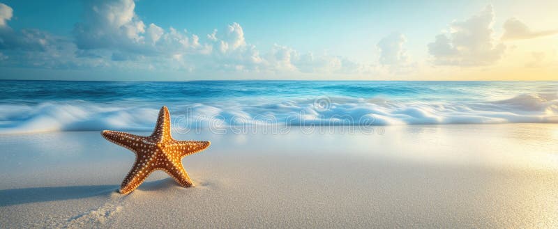 Serene Travel Banner with Immaculate Beach and Starfish on White Sand ...