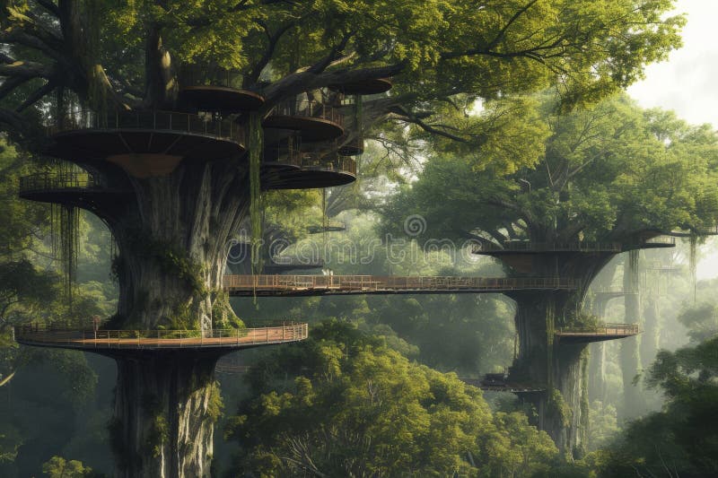 Serene Tree-based Ecosystem with Suspended Walkways in Misty Forest ...