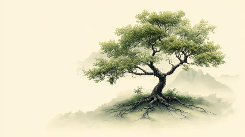 Serene Tree with Exposed Roots in Misty Landscape Stock Illustration ...