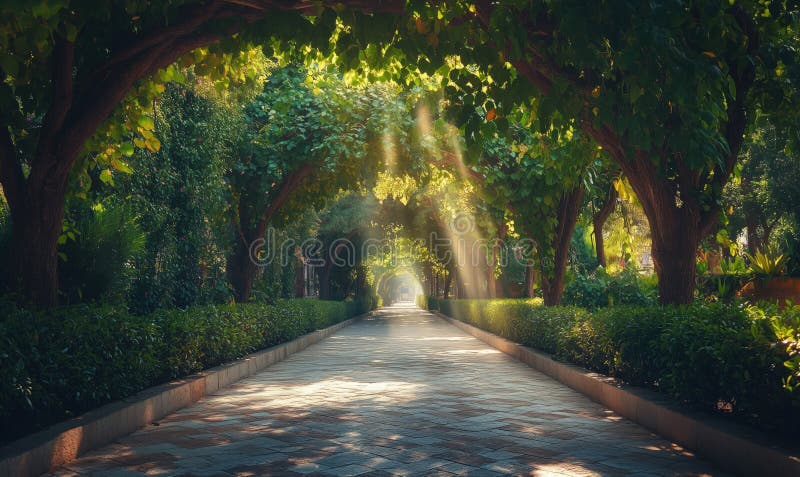 Serene Tree-lined Pathway with Sunlight Rays, Lush Greenery, and ...