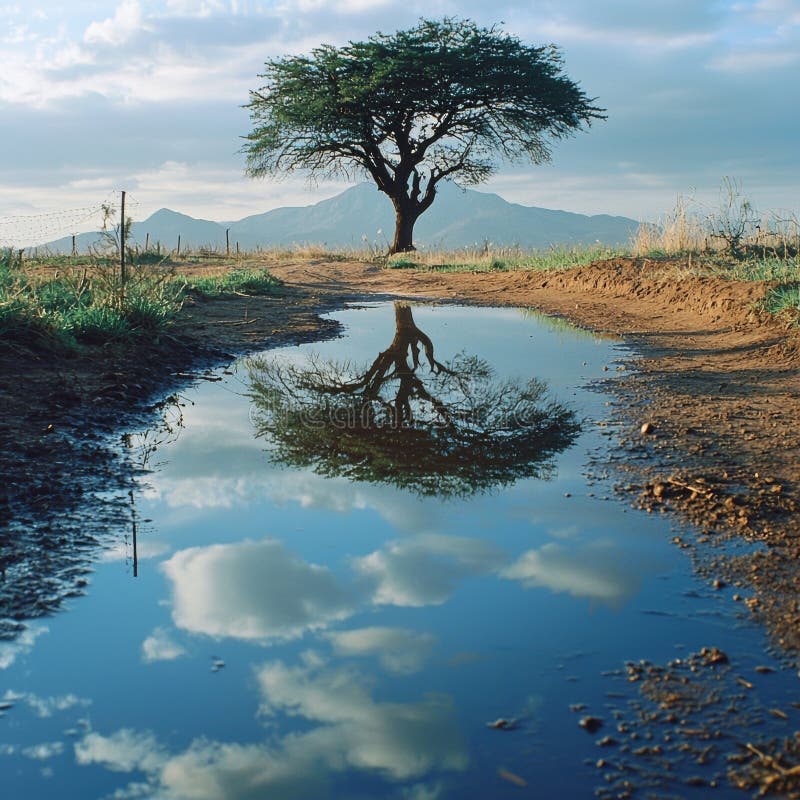 Serene Tree Reflection in Puddle with Scenic Mountain and Open Field ...