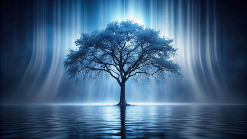 Serene Tree Silhouette Reflected in Calm Water Underneath an Ethereal ...
