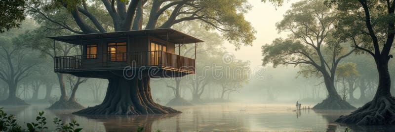 Serene Treehouse in Misty Forest with Water Reflections at Dawn Stock ...