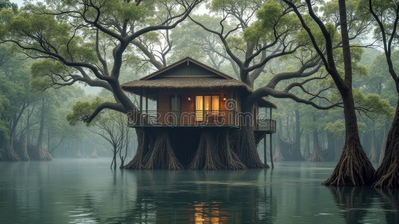 Serene Treehouse Retreat Misty Forest Surrounded Water Lush Greenery ...