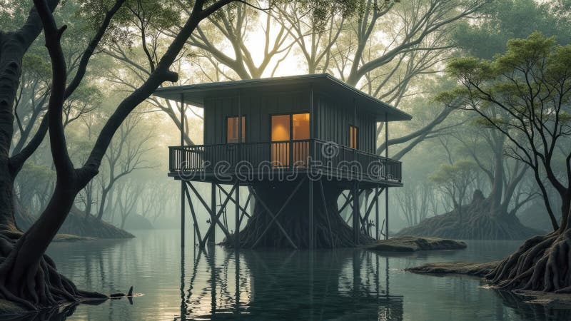 Serene Treehouse Retreat in Misty Mangrove Forest at Sunrise Stock ...