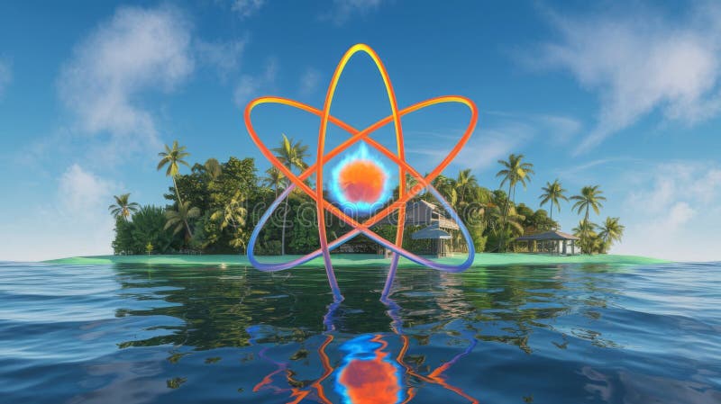 Serene Tropical Atom Visualization, 3D Render with Ocean Reflection ...