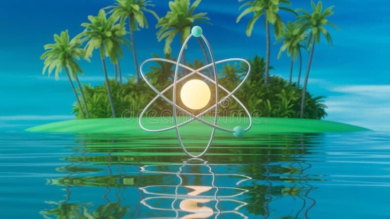 Serene Tropical Atom Visualization, 3D Render with Ocean Reflection ...