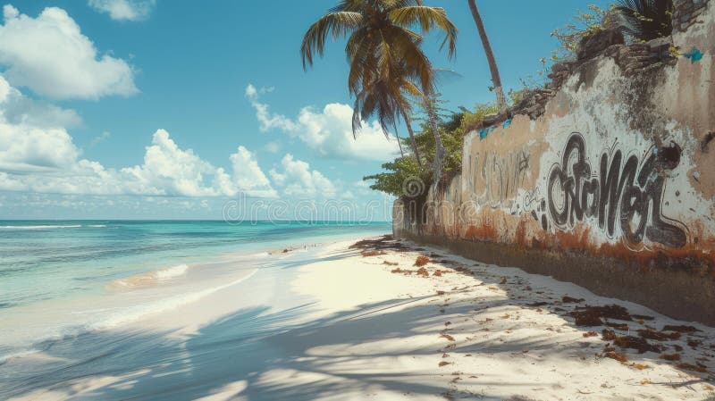 Serene Tropical Beach with Graffiti Wall an Inviting Tropical Beach ...