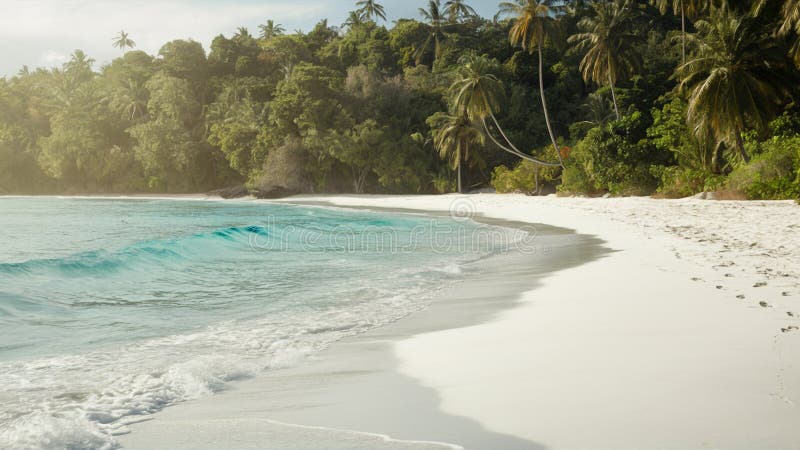 A Serene Tropical Beach with Lush Forest and Gentle Surf Stock Illustration - Illustration of ...