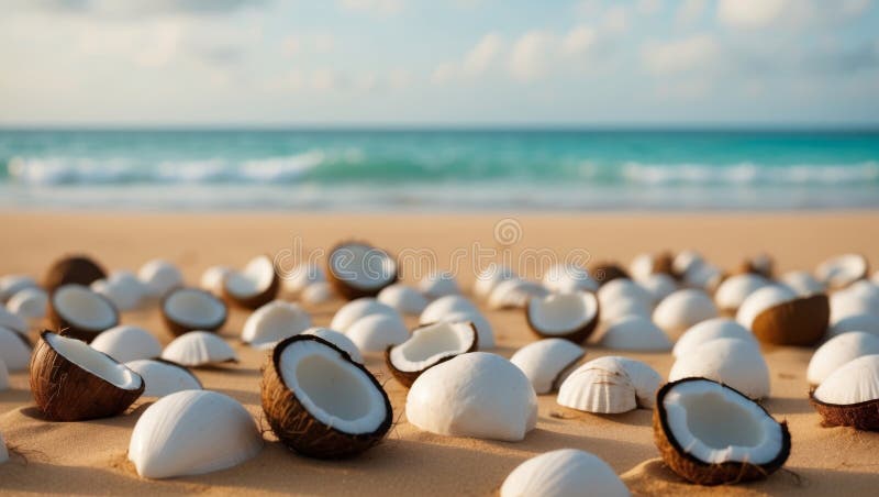 Serene Tropical Beach Oasis with Coconut Shells. Stock Image - Image of ...