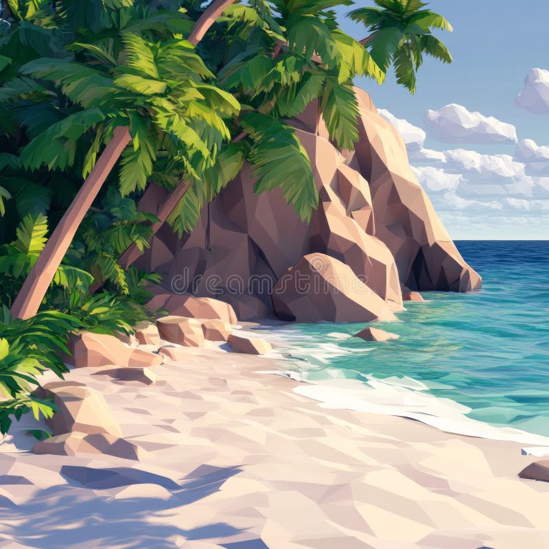 Serene Tropical Beach with Palm Trees and Rocky Cliffs in Low-poly ...
