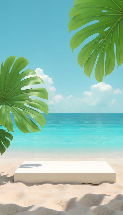 Tropical Beach Platform with Monstera Leaves, Blue Sky, Ocean. Summer ...