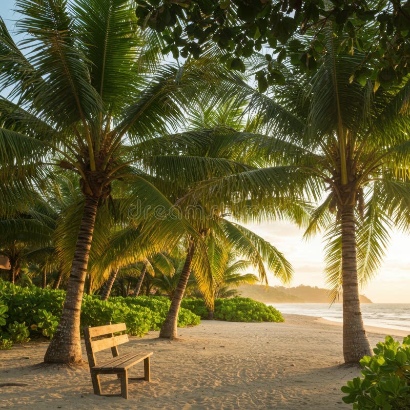 Serene Tropical Beach Sunset with Palm Trees and Wooden Bench Stock ...