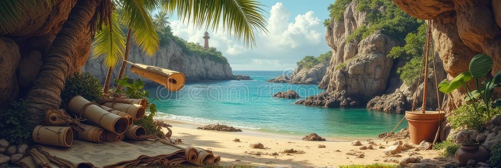 Serene Tropical Cove with Lighthouse and Sandy Beach Surrounded by Lush ...
