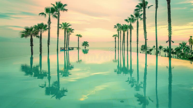 Serene Tropical Infinity Pool at Sunset with Palm Tree Silhouettes ...