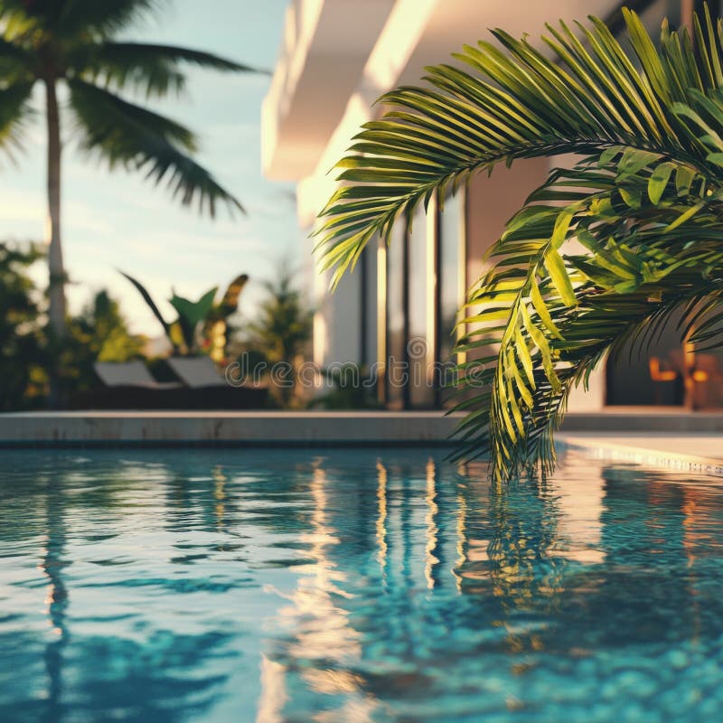 Luxurious Tropical Poolside Oasis with Palm Reflections at Sunset Stock Photo - Image of foliage ...