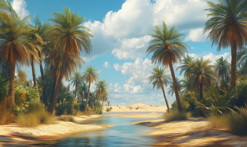 Serene Tropical Oasis Palm Trees Tranquil River Under Blue Sky Stock ...