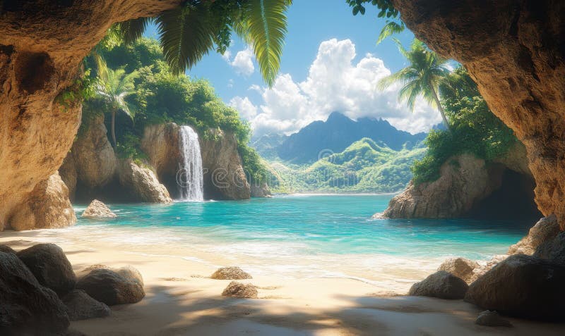 Serene Tropical Paradise with Waterfall and Sandy Beach in a Cave Stock ...