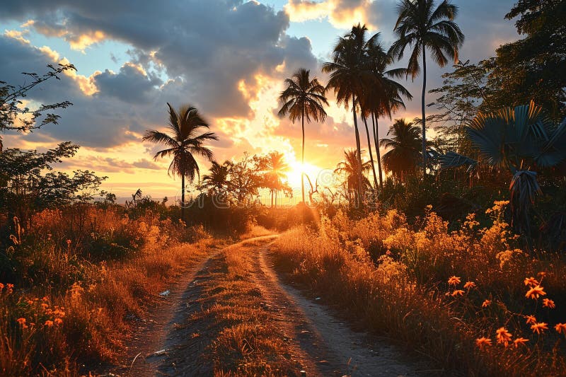 Serene Tropical Pathway at Sunset with Palm Trees and Golden Light ...