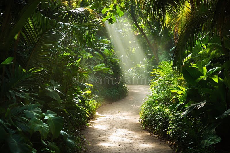 Serene Tropical Pathway Surrounded by Lush Greenery with Sunlight ...