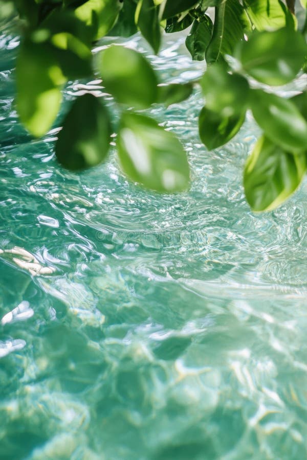 Serene Tropical Pool Reflection with Sunlit Green Leaves and Rippling ...