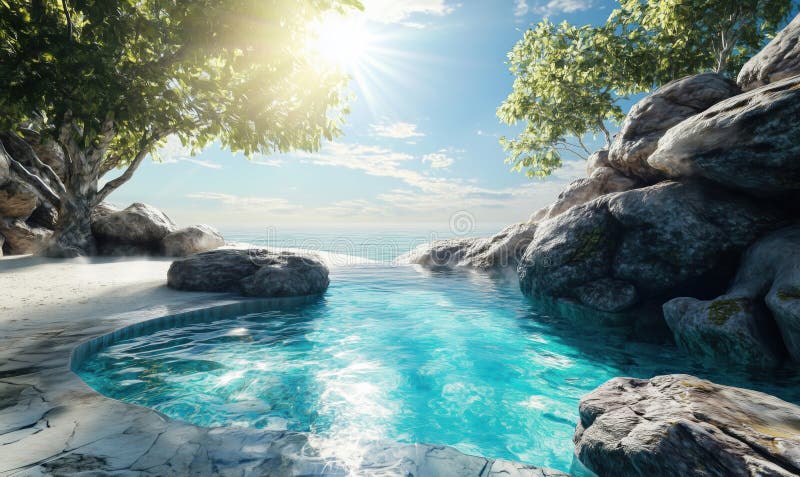 Serene Tropical Pool Surrounded by Rocks and Trees Under Bright ...