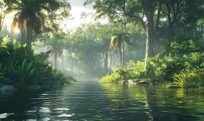 Serene Tropical Rainforest Landscape with Calm River and Lush Greenery ...