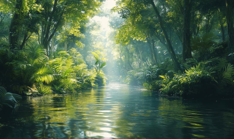 Serene Tropical River Surrounded by Lush Greenery and Sunlight ...