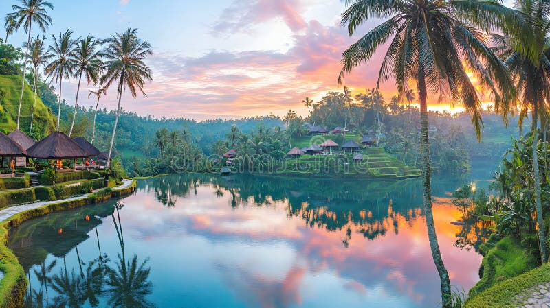 Serene Tropical Sunrise Over Calm Lake in Bali Stock Illustration ...
