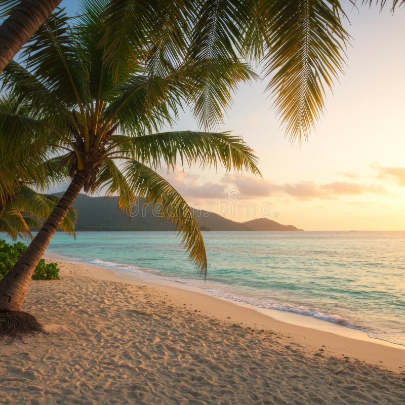Serene Tropical Sunset Beach Scene Stock Illustration - Illustration of ...
