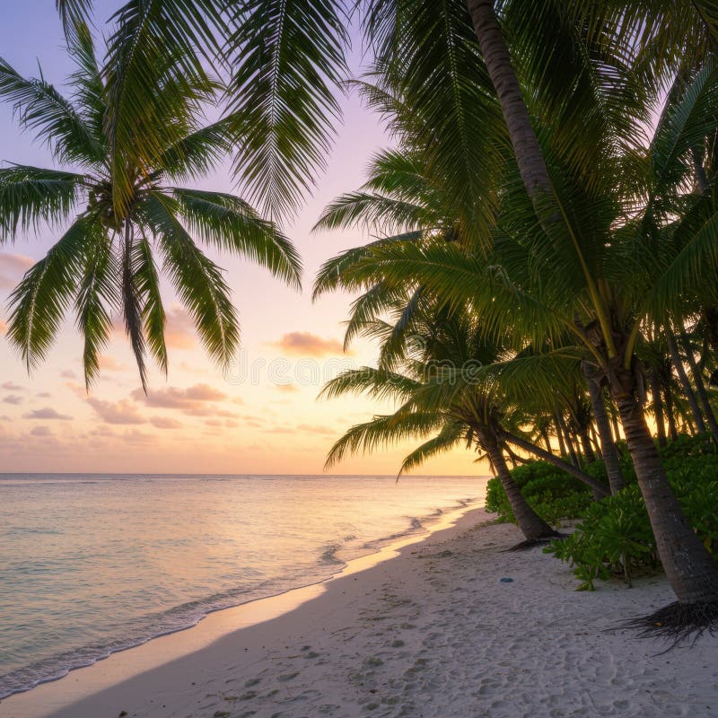 Serene Tropical Sunset Beach Scene with Palm Trees Stock Illustration ...