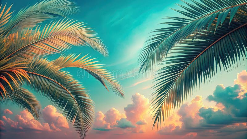 Serene Tropical Sunset Palm Fronds Frame a Vivid Sky with Pastel Clouds ...