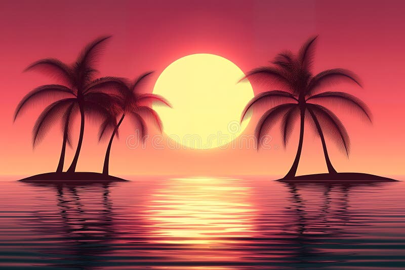 Serene Tropical Sunset Scene Palm Trees on Island Paradise Stock Illustration - Illustration of ...
