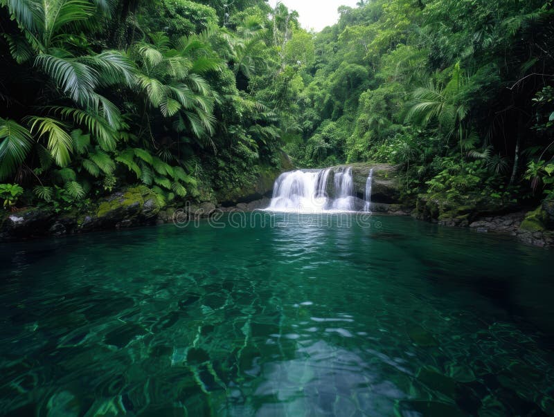 Serene Tropical Waterfall in Lush Green Jungle Stock Illustration ... Serene Tropical Waterfall in Lush Green Jungle Stock Illustration ...