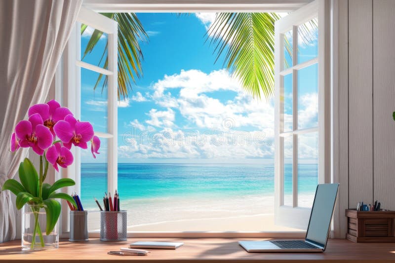 Serene Tropical Workspace Overlooking Ocean View with Laptop and ...