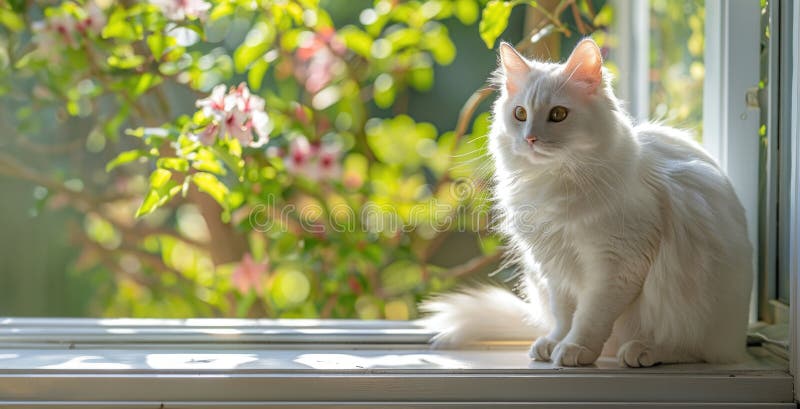 Serene Turkish Angora Cat Sitting in Sunlit Window with Blossoming ...