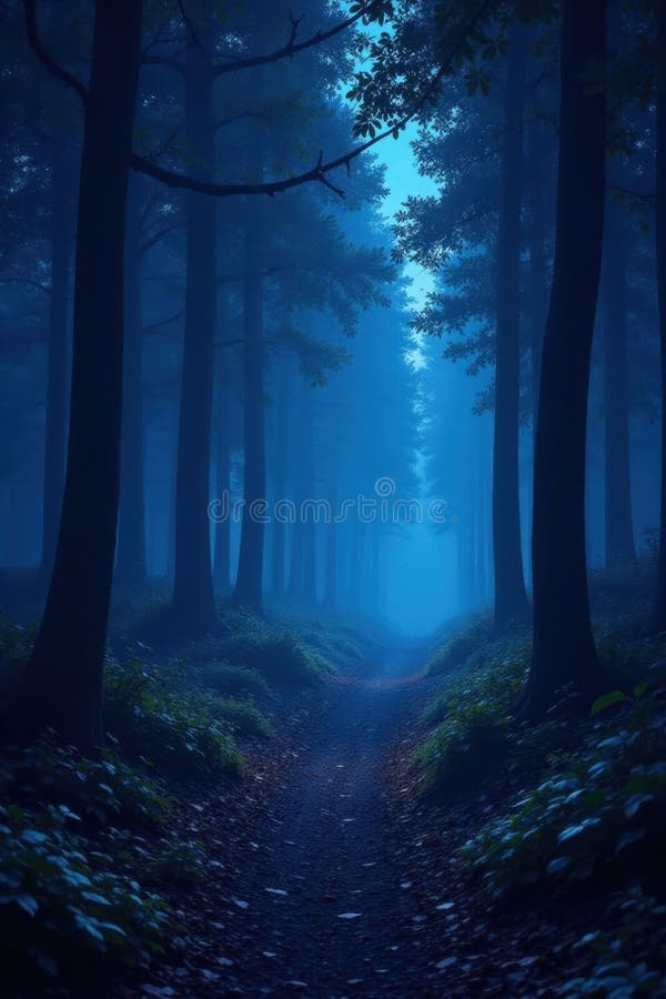 Serene Twilight Forest, Deep Blue Hues, Tranquil Shadows, Illustration ...