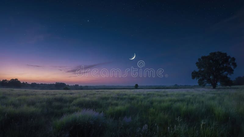 Serene Night Landscape: Crescent Moon Over Grassy Field and Lone Tree ...