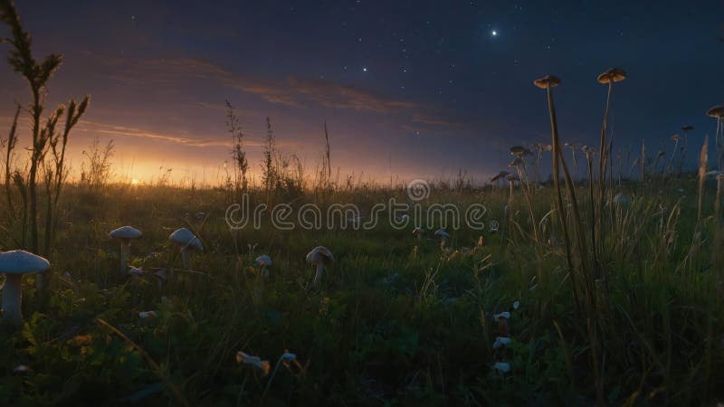 Magical Sunrise and Mushrooms in a Mystical Field Stock Illustration ...