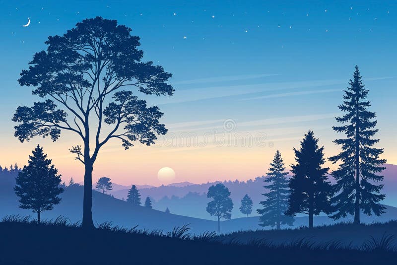 Serene Twilight Landscape with Silhouetted Trees, Hills, and a Rising ...