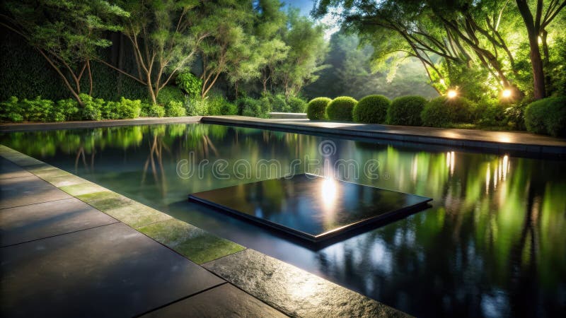 Serene Twilight Reflection in a Tranquil Garden Pool with a Square ...