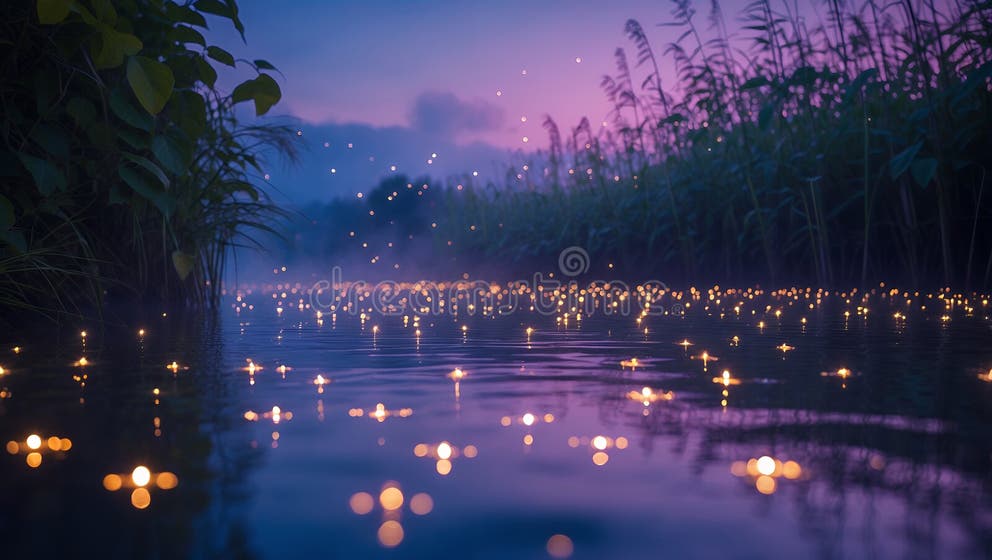 Magical Firefly Lights on Calm Water at Dusk Stock Illustration ...