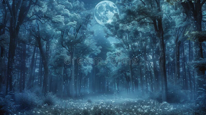 Moonlit Forest Clearing at Twilight Stock Image - Image of flora ...