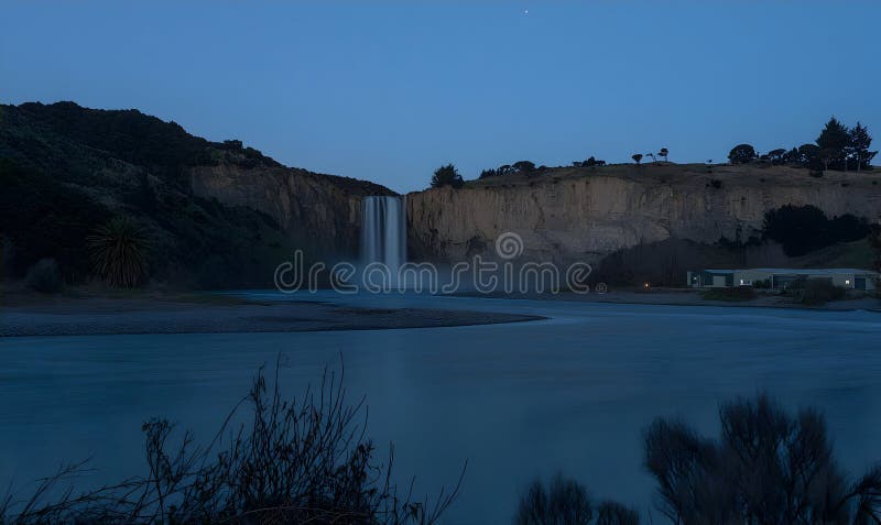 Serene Twilight Waterfall Cascading Down Cliffside Stock Illustration ...